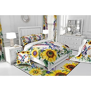 Erosebridal Girls Hummingbird King Bedding Set Rustic Sunflower Comforter Cover for Kids Women Garden Watercolor Bird Flowers Duvet Cover Farmhouse Botanical Leaves Floral Bed Set 2 Pillow Cases