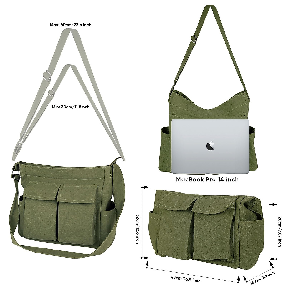Canvas Messenger Bag, Multi-pockets Casual Canvas Tote for College Large Crossbody Shoulder Bag for Women and Men, Army Green