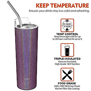 THILY Stainless Steel Insulated Skinny Tumbler 22 oz Travel Cup with Lid and Straw, Portable, Reusable, for Ice Coffee, Beer, Gifts for Women & Girl, Glitter Red-Brown