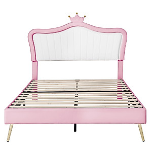CKLMMC Cute Queen Size Upholstered Princess Bed with Crown Headboard, Modern Upholstered Bed Frame with LED Lights, No Box Spring Required (White+Pink/Princess1)