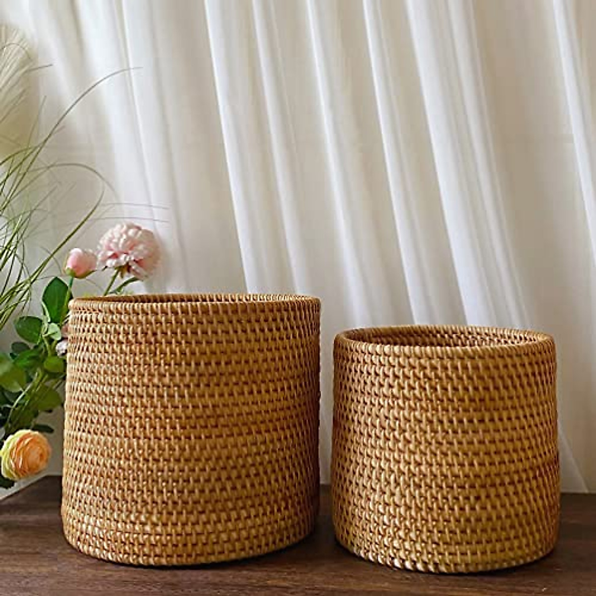generic Rattan Storage Basket Rustic Woven Basket Desktop Garbage Bin Organizer Sundries Storage Bin for Bedroom Office Study Room - Size L, 9x9x8 Inch