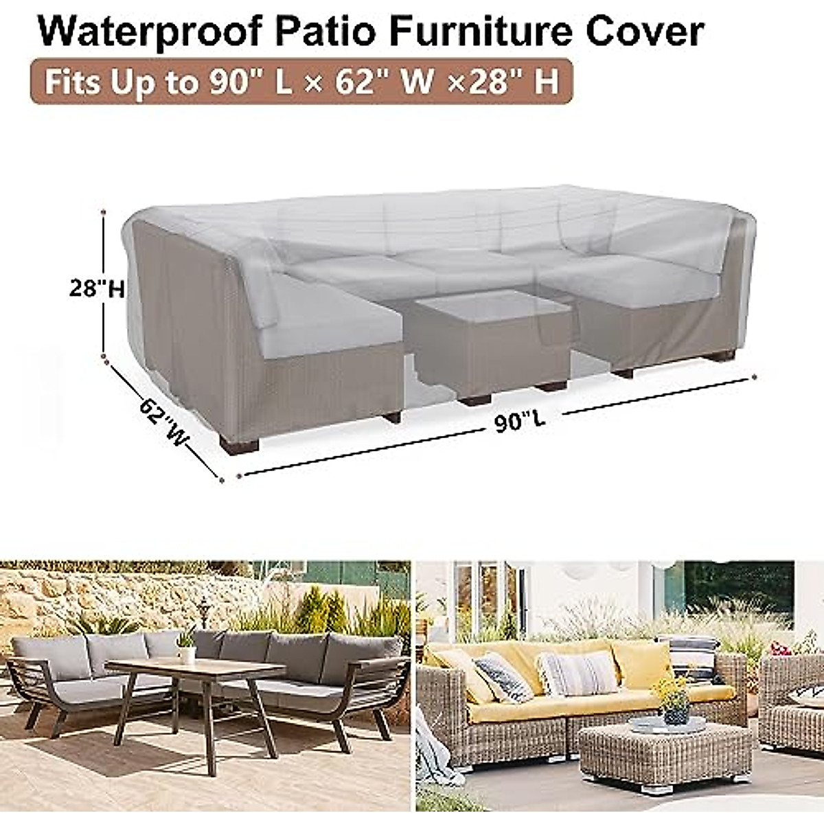 BROSYDA Patio Furniture Covers Waterproof, 90" L × 62" W ×28" H Rectangular Outdoor Furniture Set Covers , Durable Heavy Duty 600D Oxford Patio Furniture Set Covers for Outdoor Table Chair
