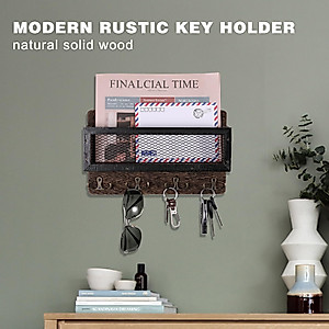 ADIIL Mail and Key Holder for Wall Decorative, Wooden Wall Key Rack Organizer with 4 Double Key Hooks, Wall Mount Key Hanger for Wall with Shelf, Rustic Home Decor for Entryway Hallway, Brown