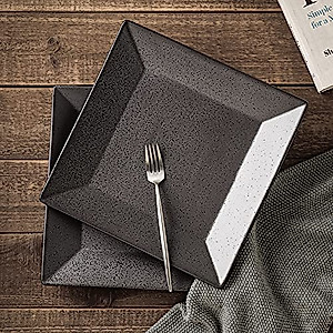 vicrays Ceramic Square Dinner Plates Set 10 inch Large Porcelain Serving Plates for Steak Pasta Pizza - Set of 4 - Dark Grey