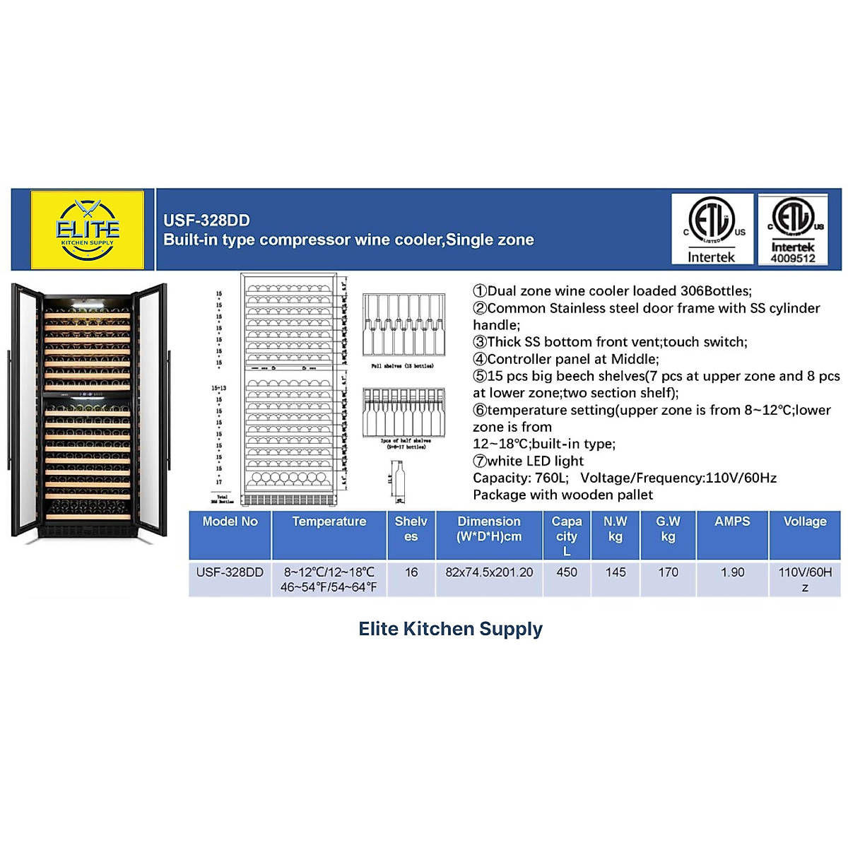 Elite Kitchen Supply Commercial Wine Cooler Dual Zone Refrigerator, ETL NSF 300-350 Bottles Reversible Fridge Merchandiser, Restaurant Bar Grocery Store