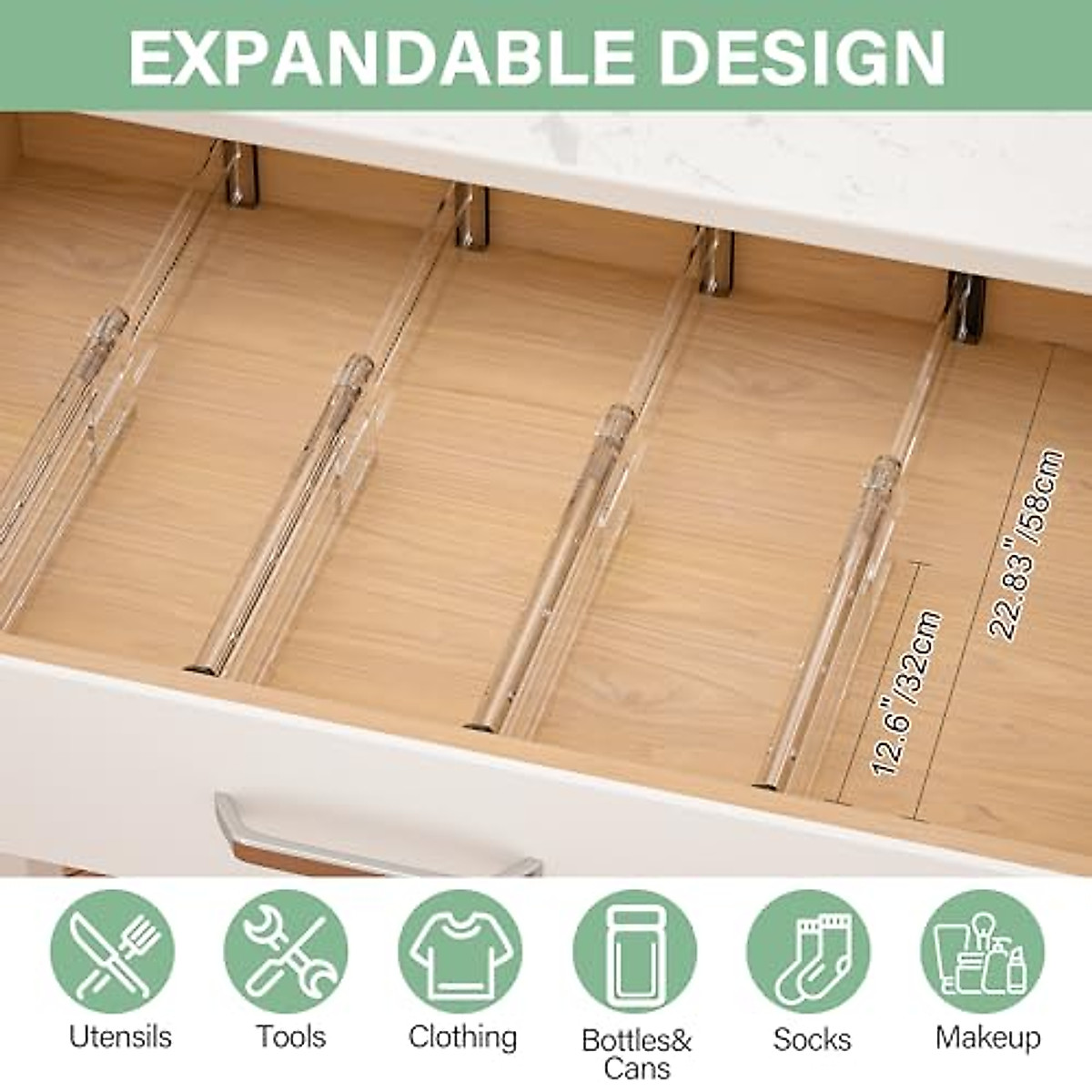 FUNIZE Adjustable Drawer Dividers, 4'' High Expandable Drawer Organizers for Clothes, 3 Pack 12.6-22.8'' Drawer Separators for Kitchen/Bedroom/Office/Bathroom Organization and Storage-Clear