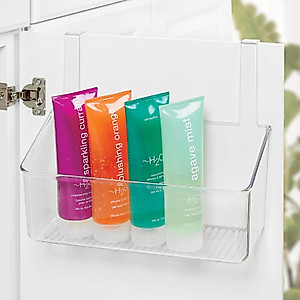 mDesign Plastic Over Cabinet Door Storage Organizer Bin for Kitchen, Pantry, Bathroom, Laundry, Utility Room - Hang Outside or Inside Door - Holds Lunch Bags, Shampoo, Cleaning Supplies, Large - Clear