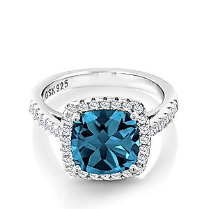 Gem Stone King 925 Sterling Silver London Blue Topaz and White Created Sapphire Engagement Ring For Women (3.30 Cttw, 8MM Cushion Cut, Gemstone Birthstone, Available In Size 5, 6, 7, 8, 9)
