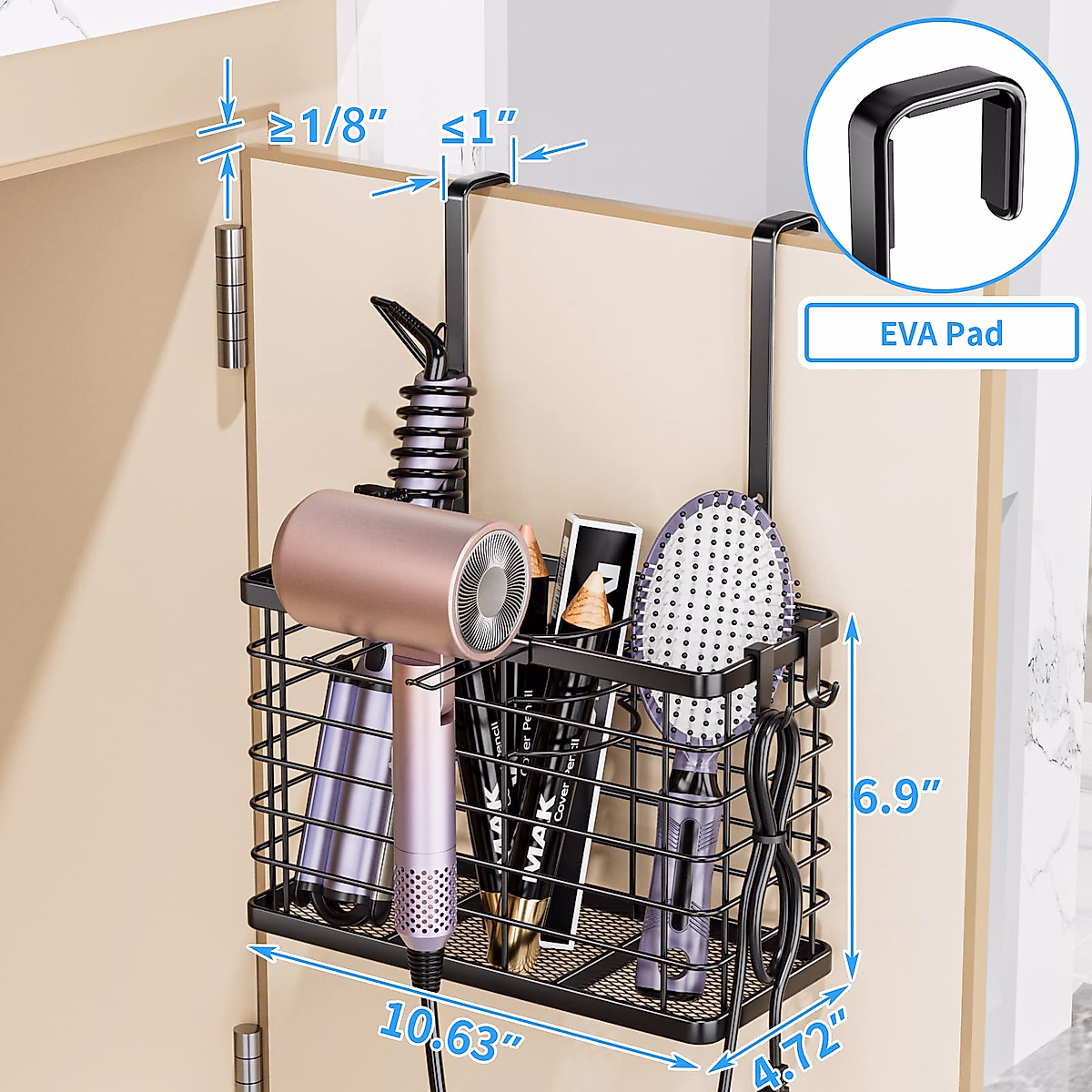 Ovicar Hair Dryer Holder - 3-in-1 Hair Tool Organizer Blow Dryer Holder Adjustable Height Wall Mounted/Cabinet Door Bathroom Organizer Storage for Hair Dryer, Flat Irons, Curling Wands, Straighteners