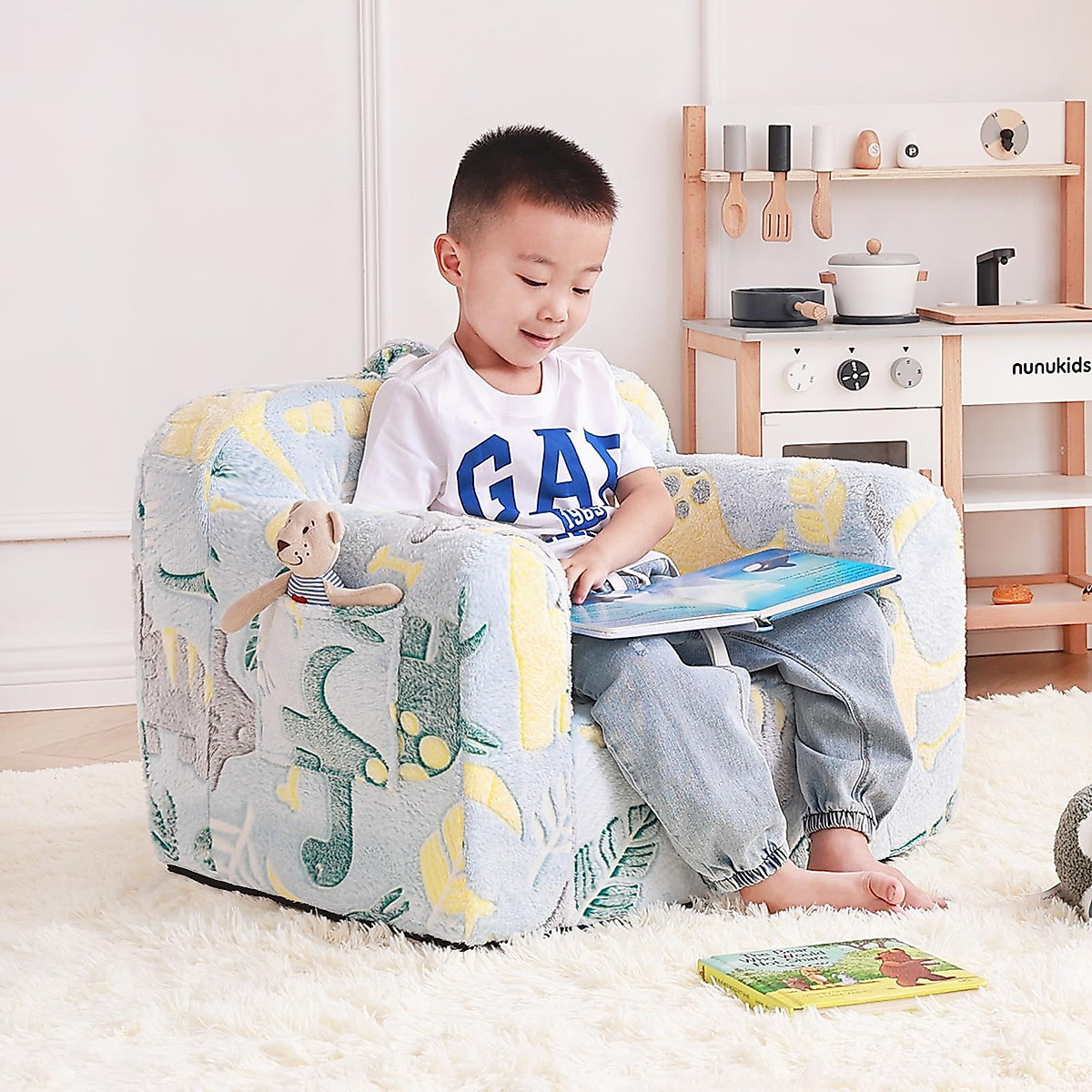 Tiita Kids Sofa, Children Couch with Carrying Handle & Side Pockets, Kids Foam Chair, Toddler Armrest Chair, Lightweight Children Sofa Chair, Kids Read Sofa for Girl or Boy (Grey Dinosaur)