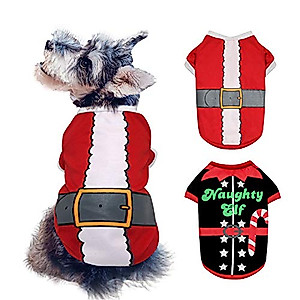 BWOGUE 2 Pack Dog Christmas Shirts Pet Santa & Elf Costume Printed Puppy Shirts Pet Shirts Festive Christmas Themed Soft Dog Clothing for Cats Small Dogs Pupp,XS