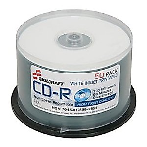 SKILCRAFT 7045-01-599-2655 Inkjet Printable CD-R on Spindle, 700MB Capacity, White (Pack of 50)