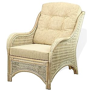 Jam Lounge Living Accent Armchair Natural Rattan Wicker Handmade Design with Cream Cushion, White Wash