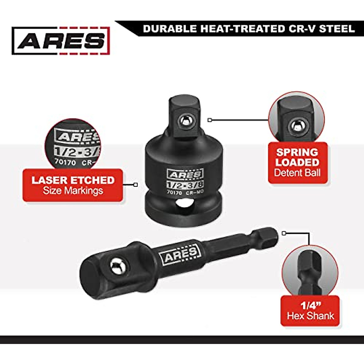 ARES 28000 - Impact 3-Inch Extension and Socket Adapter Set - Includes 3-Inch Extensions in 1/4-Inch Drive, 3/8-Inch Drive, and 1/2-Inch Drive, 2 Adapters, and 2 Reducers