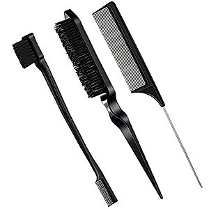 Geiserailie 3 Pcs Slick Back Hair Brush Set Bristle Brush Edge Control Teasing Comb for Women Black Hair(Black)
