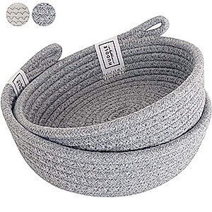 Small Basket Set - 2PC WASHABLE Small Storage Basket 100% Cotton Small Rope Basket 7.5" Small Woven Basket for Key Basket, Mini Basket, Kitchen Basket, Remote Basket (Grey)