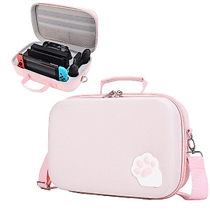 Pink Cute Cat Paw Case Compatible with Nintendo Switch/OLED Model Portable Compact Hard Shell Travel Carrying Case fit Switch Console & Full Set Game Accessories with Mesh Pocket and 18 Card Slots.