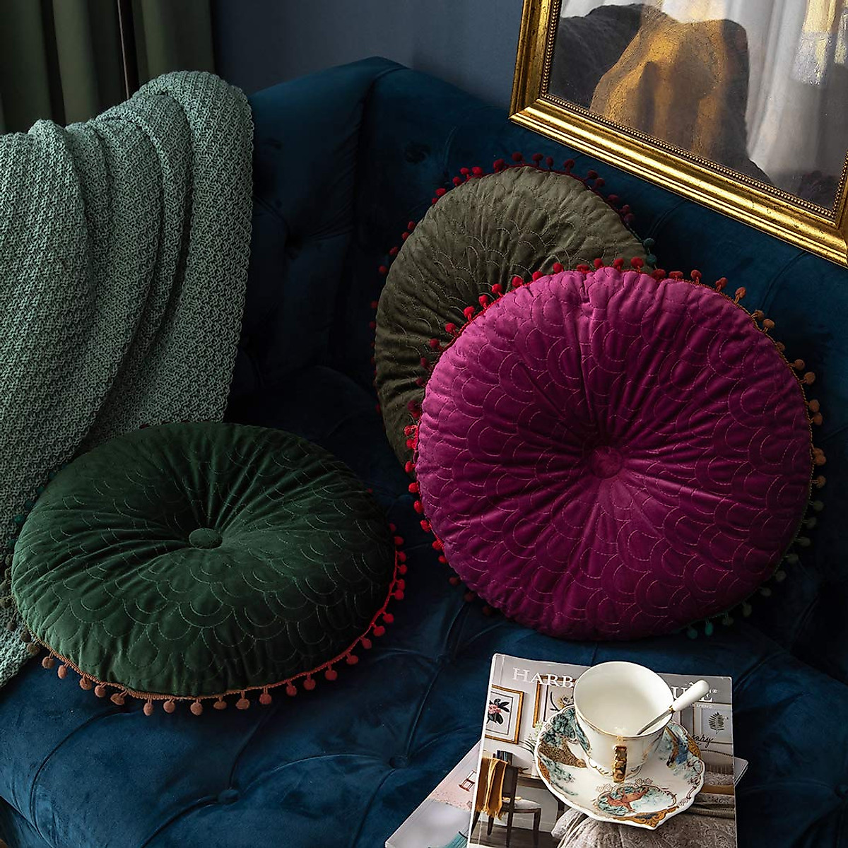 vctops Velvet Soft Round Chair Pads Cute Gradient Pom Pom Indoor Dining Chairs Cushion (Dark Green, Diameter 16")