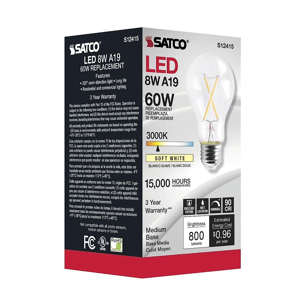 Satco S12415-8 Watt LED A19; Clear; Medium Base; 3000K 2 LED Bulbs