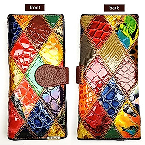 Aslana Women's Genuine Leather Wallet Patent Leather Retro Vintage Patchwork Embossed Flower Floral Wristlet Clutch Bag (Long, Long, Trifold Patent Leather Diamond)