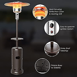 COSTWAY Patio Heater, 48000 BTU Propane Heater with Drink Shelf Tabletop, Simple Ignition System, Base Reservoir and Wheels, Standing Outdoor Space Heater for Patio, Garden and Backyard (Copper)