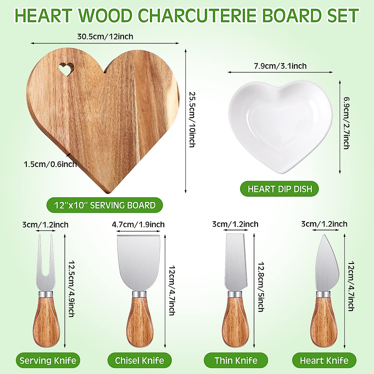 Irenare 6 Pcs Heart Shaped Charcuterie Board and Serving Set 12 x 10 x 0.6 Inch Acacia Wood Heart Shaped Cutting Board Cheese Serving Platter Heart Shaped Plates Ceramic Heart Bowl Cheese Knife Set