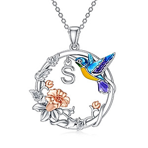LONAGO Hummingbird Necklace with S Initial, Hummingbird Pendant Necklaces Sterling Silver A-Z 26 Alphabet Necklace Gift for Women (S)