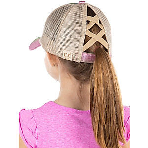 Funky Junque Kids Criss Cross Messy Bun Ponytail Hat - Pink Multi Ombre Glitter w/mesh