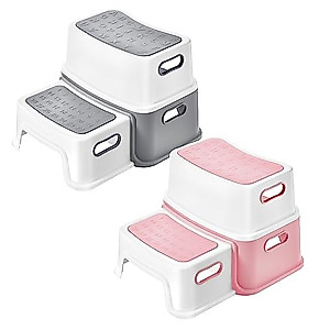 2 Pack Step Stools for Kids, Toddler Step Stool for Bathroom Sink, Toilet Potty Training and Daily Stool Grey+Pink