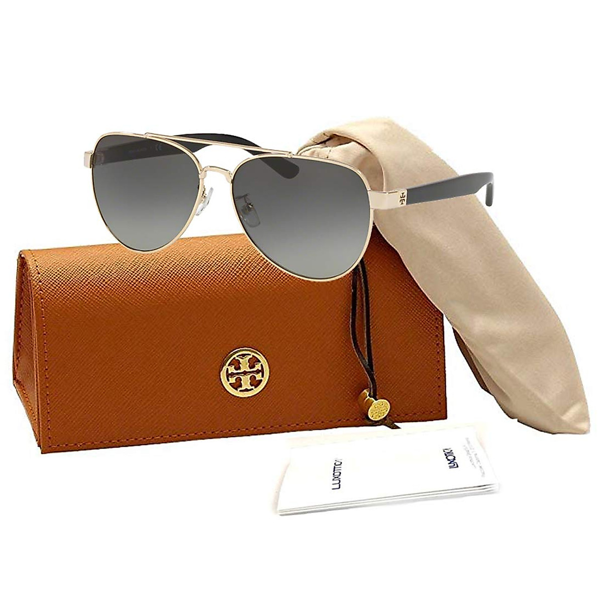 Tory Burch TY6070 327111 57M Shiny Light Gold Metal/Light Grey Gradient Aviator Sunglasses For Women+ BUNDLE with Designer iWear Eyewear Kit