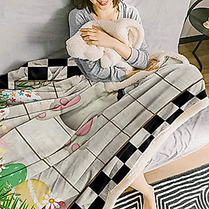 Yun Nist Easter Day Sherpa Flannel Throw Blankets,Pink Rabbit Tail Egg Thick Reversible Plush Fleece Blanket for Bed Couch Sofa Decor,Black Plaid White Plank Ultra Soft Comfy Warm Fuzzy TV Blanket