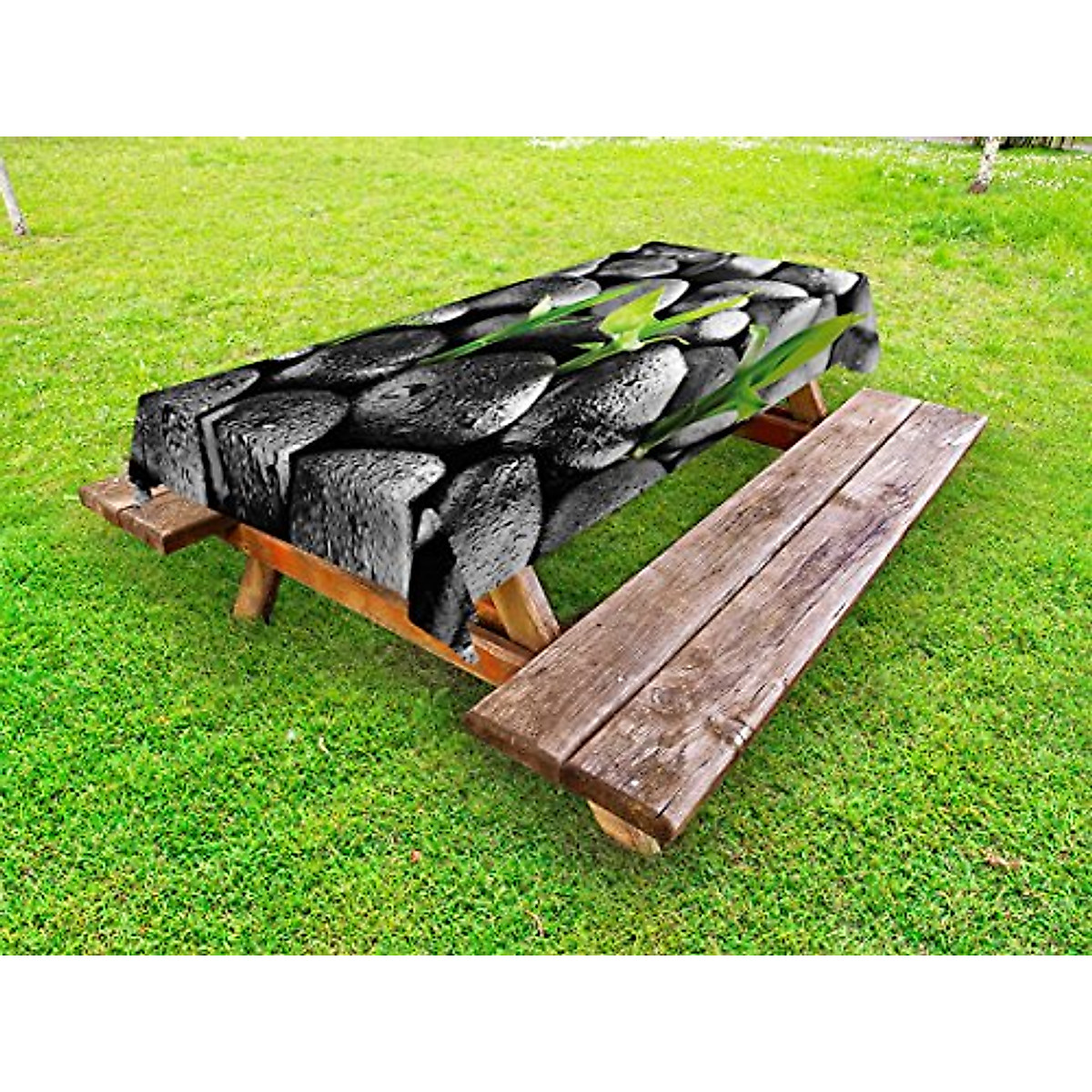 Ambesonne Plant Outdoor Tablecloth, Basalt Stones with Bamboo Leaves Sticking Water Droplets Harmony of Nature, Decorative Washable Picnic Table Cloth, 58" X 84", Dark Taupe Lime Green