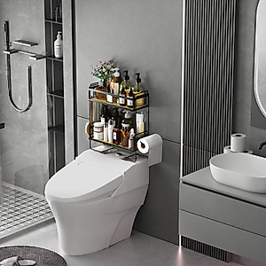 NUTSAAKK Over Toilet Storage Shelf, 2-Tier Bathroom Organizers and Storage with Wooden Bottom Plate, Above Toilet Storage with Non-Trace Adhesive (Black)