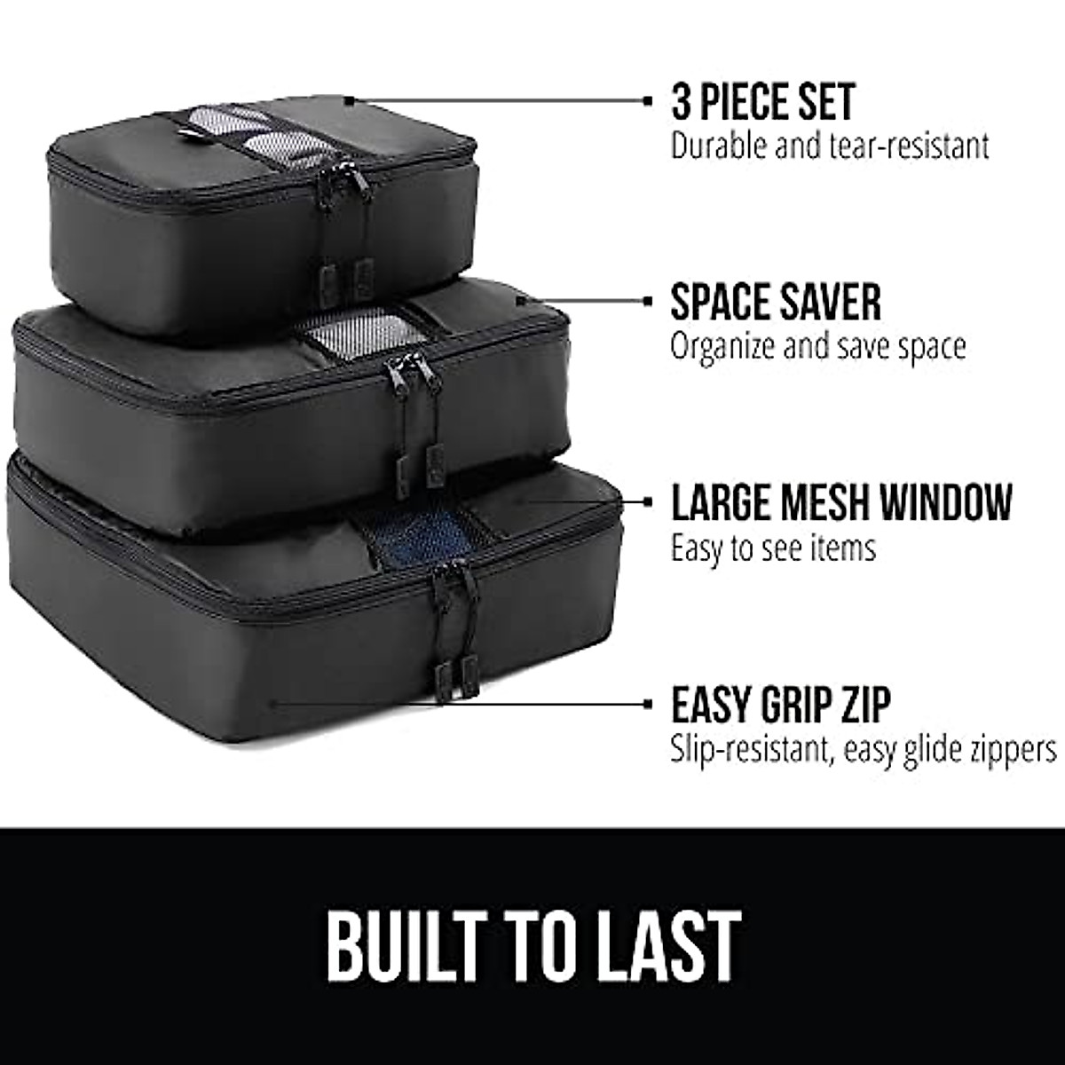 Gorilla Grip Laundry Basket and 3 Piece Packing Cubes, Laundry Basket Size 115L, Easy Carry Handles, Space Saving Travel Bags for Carry On in Multiple Sizes, Mesh Zipper, Both in Black, 2 Item Bundle