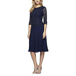 Alex Evenings Women's Tea Length Embroidered Bodice Mother of The Bride Gown, Wedding Guest Dress (Petite and Regular Sizes), Navy, 10