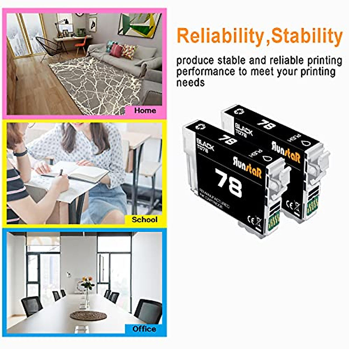 Run Star Remanufactured 78 Black Ink Cartridge Replacement for 78 T078 to use with Artisan 50 Stylus Photo R260 R280 R380 RX580 RX595 RX680 Printer (2-Black)