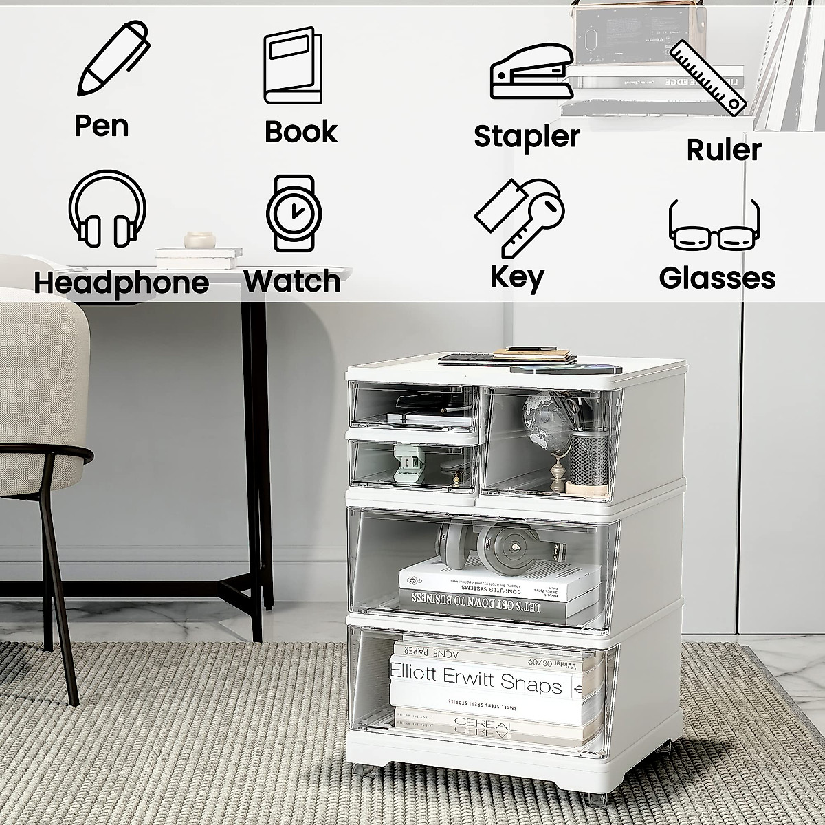 vacane Wide 4 Drawer Plastic Storage Cart with Removable Caster Wheels Cosmetic Drawers Organizer, Rolling Storage Cart for Bathroom, Office, Bedroom