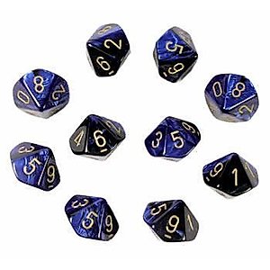 Chessex Dice Sets: Gemini Black & Blue with Gold - Ten Sided Die d10 Set (10)