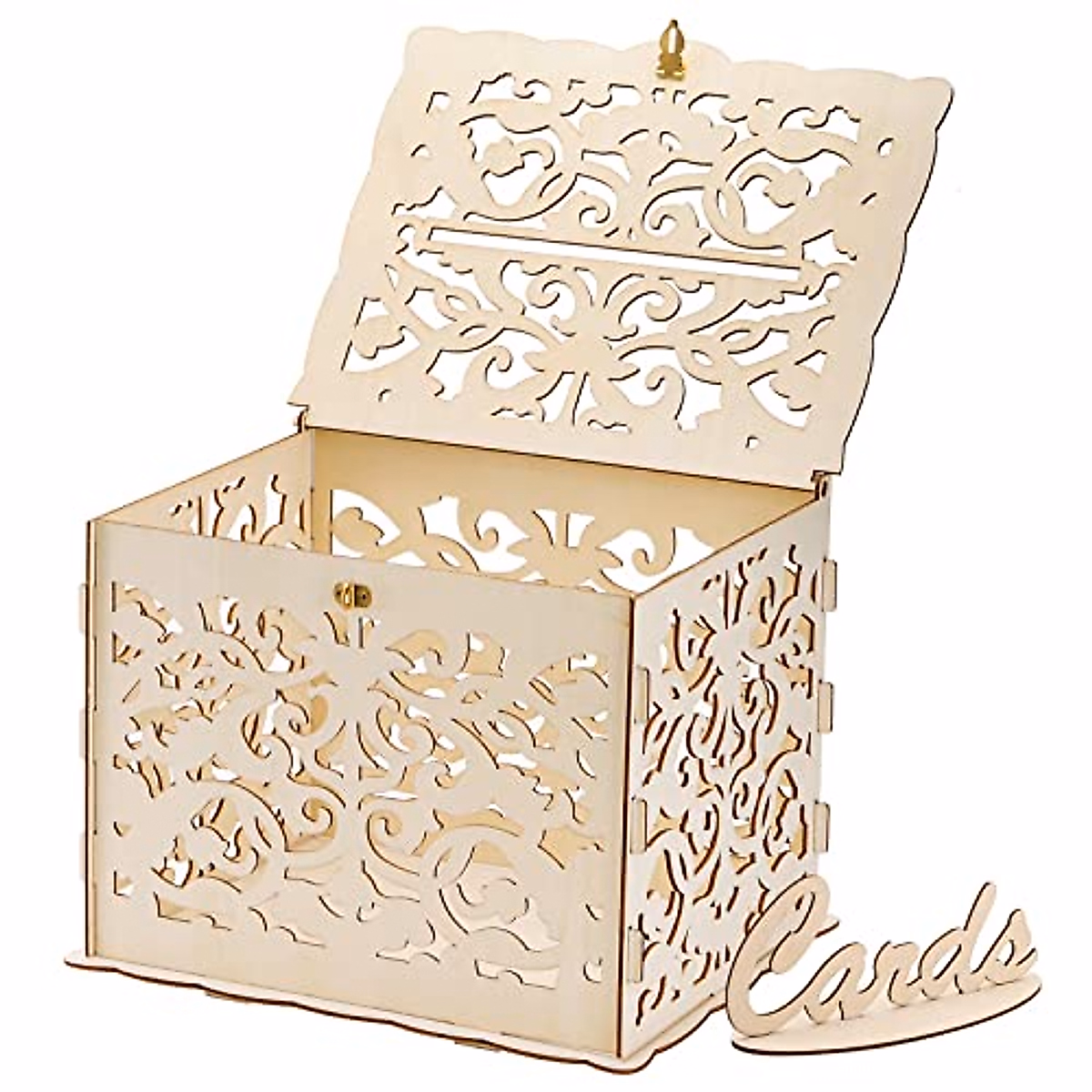 ZENFUN Wedding Card Box with Lock and Card Sign, Wooden Hollow Card Box DIY Envelop Gift Money Box, Wedding Reception Box for Party Supplies, Baby Showers, Birthdays, Graduations