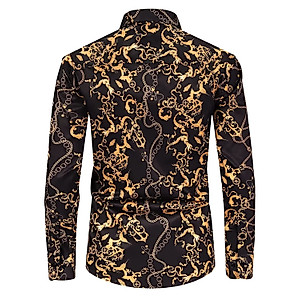Bolcguri Mens Black Gold Chain Dress Shirts Luxury Baroque Print Long Sleeve Button Up Buchona Silky Shirt S