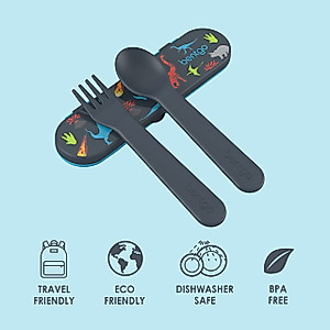 Bentgo® Kids Prints 5-Compartment Bento-Style Kids Lunch Box Set with Reusable Plastic Utensils (Dinosaur)