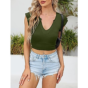 Syellowafter Womens Summer Crop Tops Sexy Y2K Cap Sleeves Low Cut V Neck Ribbed Basic Slim Fit Tunic Green Medium