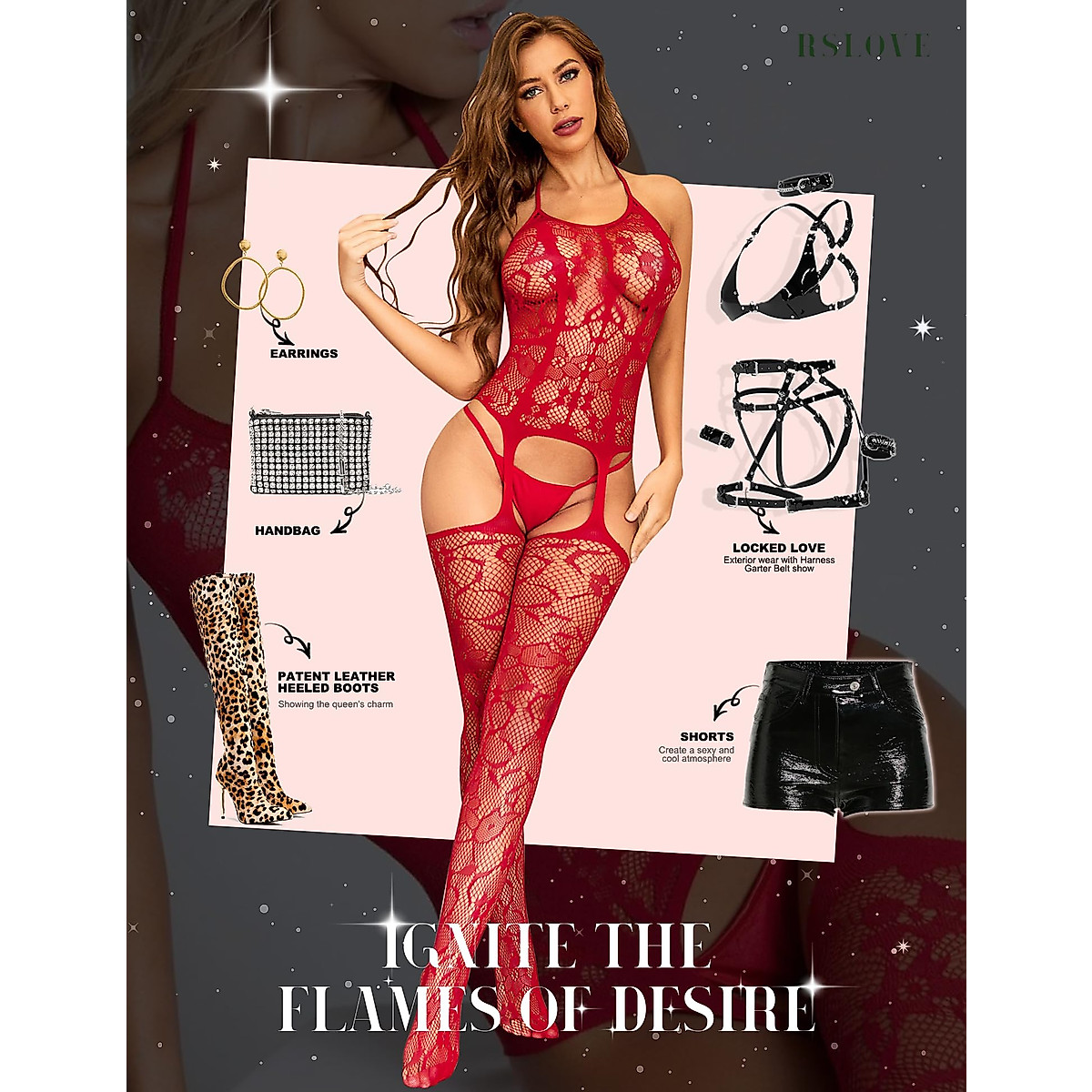 RSLOVE Women Fishnet Bodystocking Attached Stockings Sexy Lingerie Crotchless Bodysuit One Piece Babydoll One Size Red