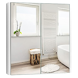 2 Tier Wall Mounted Bathroom Cabinet Storage with Mirror Doors White Modern Contemporary MDF Included
