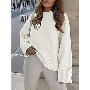 ANRABESS Women's Oversized Crewneck Long Sleeve Fuzzy Knit Casual Chunky Warm 2025 Fall Pullover Sweaters Top Trendy Outfits White Medium