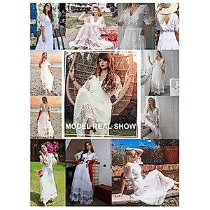 Bdcoco Women's V Neck Button Down Floral Lace Maxi Dress Casual Short Sleeve Boho Flowy Dresses White