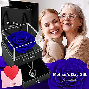 Forever Blue Rose Gift Box with Necklace - Real Eternal Rose with 925 Sterling Silver Women Necklace Inside,Enchanted Real Rose Flower for Valentine's Day Anniversary Wedding Romantic Gifts for Her.