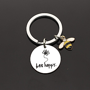 Women's Keychain " Bee Happy" Keyring Keychain, Gift for Mom, Aunt, Daughter, Niece, Friends (Silver)