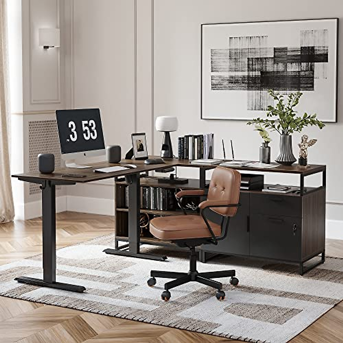 FEZIBO 66 Inch Executive L Shaped Standing Desk with 2-Drawer File Cabinet, Electric Height Adjustable Stand up Desk, Home Office Modern Wood Computer Desk with Shelves, Black Frame/Black Walnut Top