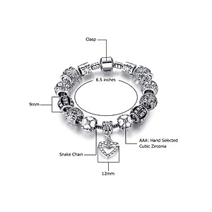 Savlano Silver Tone Heart Charm Bracelet with Crystal and Murano Glass Beads Snake Chain for Women Comes in a Gift Box